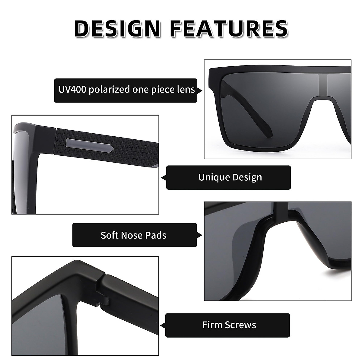 GLINDAR Polarized Shield Sunglasses for Men Square Flat Top Sports Glasses Black Frame/Grey Lens