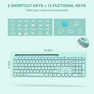 Wireless Keyboard and Mouse Combo, WisFox 2.4GHz Ergonomic USB Keyboard with Phone Holder, Full-Size Keyboard and Mouse Set for Computer, Laptop and Desktop(Mint Green)