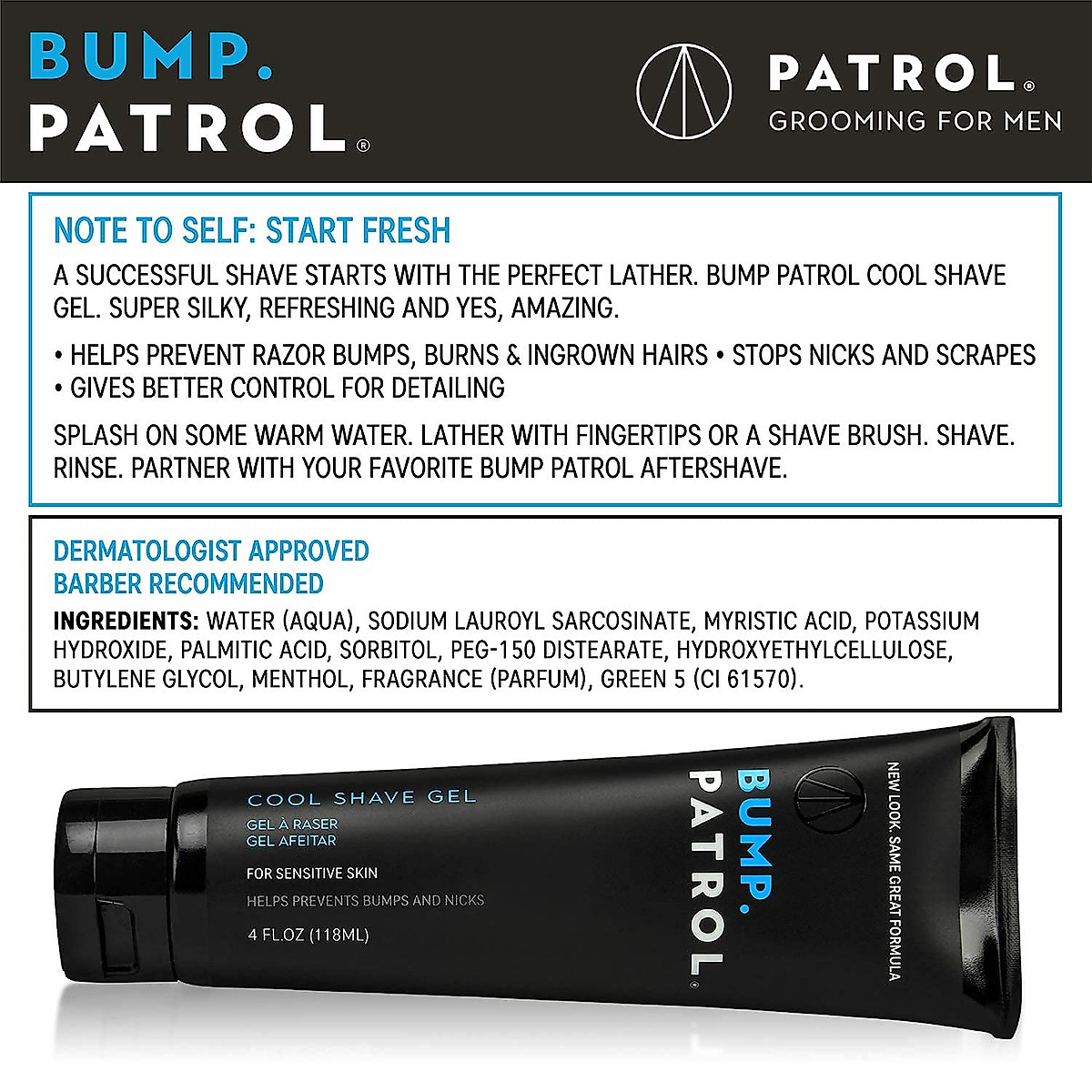Bump Patrol Cool Shave Gel - Sensitive Clear Shaving Gel with Menthol Prevents Razor Burn, Bumps, Ingrown Hair - 4 Ounces