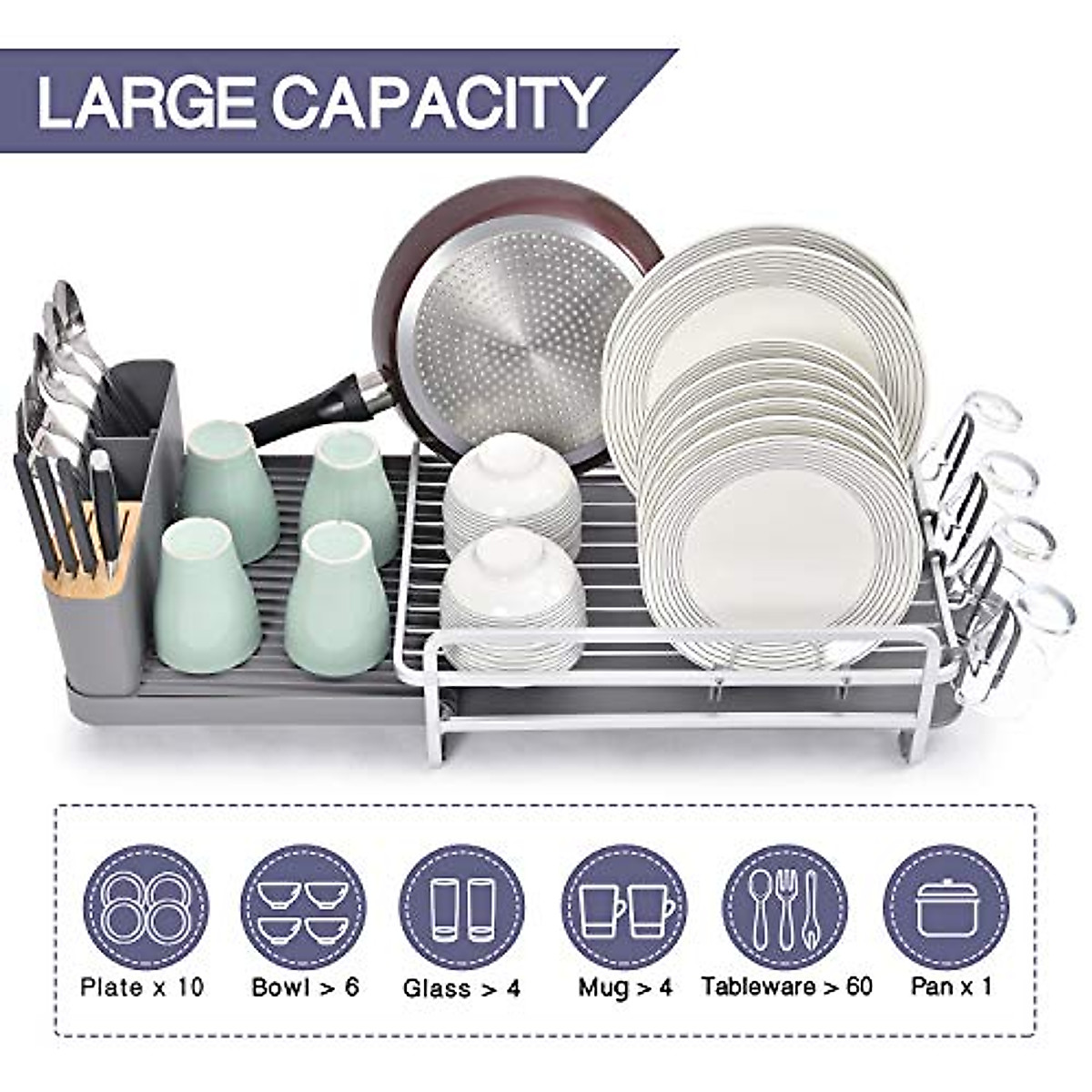 TOOLF Dish Rack and Drainboard Set, Extend Large Dish Drying Rack with Swivel Spout for Kitchen Counter or Sink, Expandable Dish Drainer Rack with Utensil Holder and Cup Holder (Expandable)