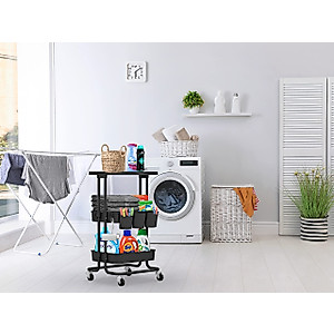 CAXXA 3-Tier Rolling Storage Organizer with Tabletop and 3 Small Baskets - Mobile Utility Cart, Printer Cart, Kitchen Cart (Black)