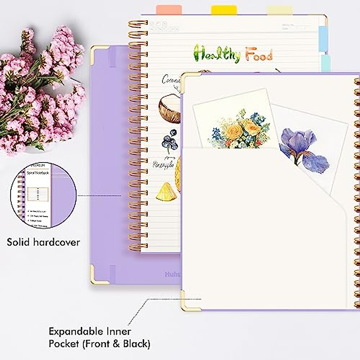 Huhuhero Spiral Notebook, 8.5" x 11" Notebook Journal College Ruled, 320 Pages Aesthetic A4 Hardcover Lined Journal for Women Men Office Work Writing, 24pcs Index Tabs, School Supplies, Light Purple