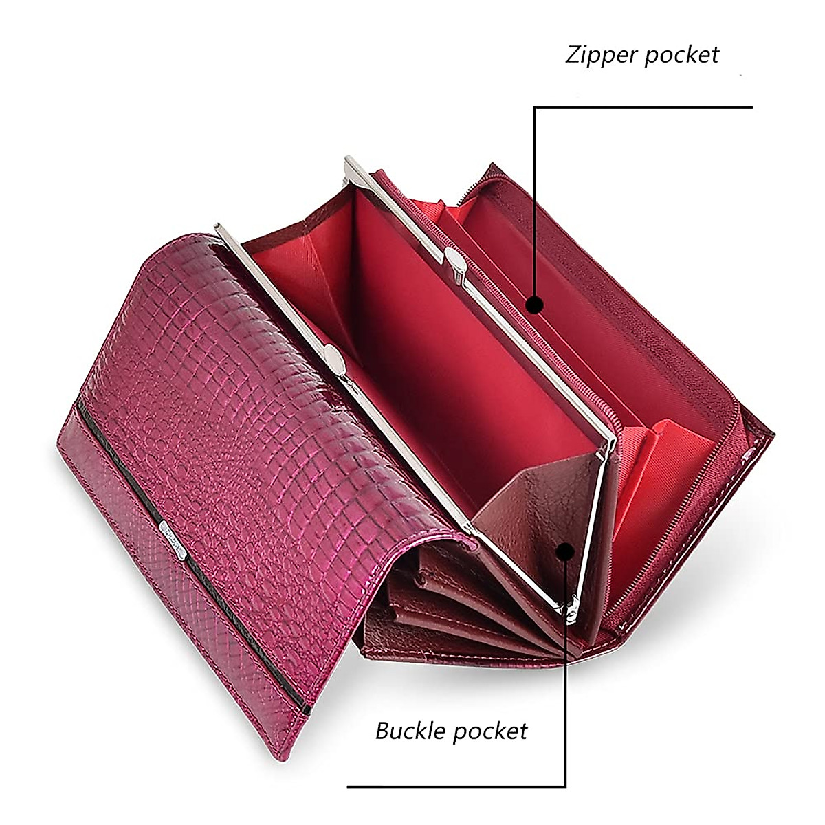Dicihaya Womens Large Capacity Zipper Luxury Patent Genuine Leather Clutch Wallet Multi Card Organizer Coin Pouch (Burgundy)