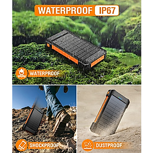 MetFut Solar Power Bank 38800mAh, Solar Charger with Suction Cup Mount Three Modes Flashlight-Steady/SOS/Strobe IPX7 Waterproof/Dustproof/Shockproof External Battery Pack 3 USB Charging Ports(Orange)