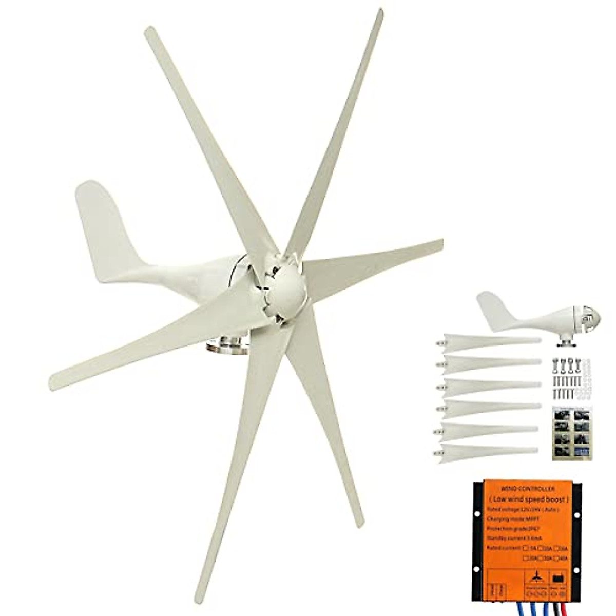QAZNHODDS 8000W Wind Turbine Generator kit, with 6 Blade 2.5m/s Low Wind Speed Starting Wind Turbines for Terrace, Marine, Motorhome, Chalet, Boat,24v