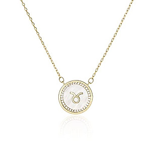 Gold Zodiac Sign Pendant Necklace, 14K Gold Plated Faux Fritillaria Cubic Zirconia 12 Constellation Necklace Jewelry Birthday Gifts for Women, (Taurus Apr 20-May 20)