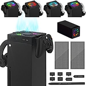 Ankey Automatic Cooling Fan for Xbox Series X Console, Temperature-Controlled Cooling Fan System 2 Holders for Controller Headphone Low Noise RGB Light 2 USB Ports for Charging & Data