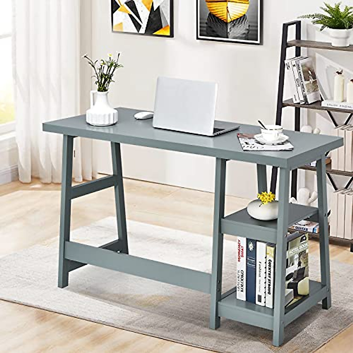Tangkula Computer Desk with Shelves, Modern Trestle Desk Home Office Desk with Storage Shelf, Space Saving Study Writing Desk, Desk for Bedroom