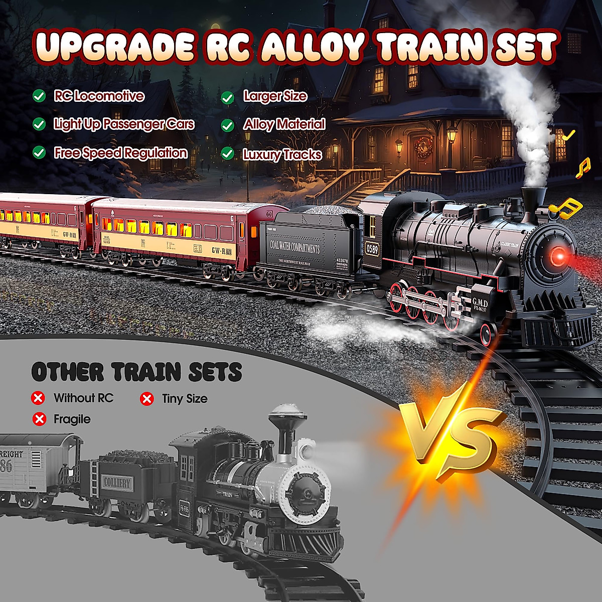 Hot Bee Train Set for Boys, Alloy Remote Control Train Sets with Steam Locomotive, Light Up Cars and Tracks, Electric Trains Set Toys for Toddler Kids, Christmas Toys Gifts for 3 4 5 6 7 8+ Year Old