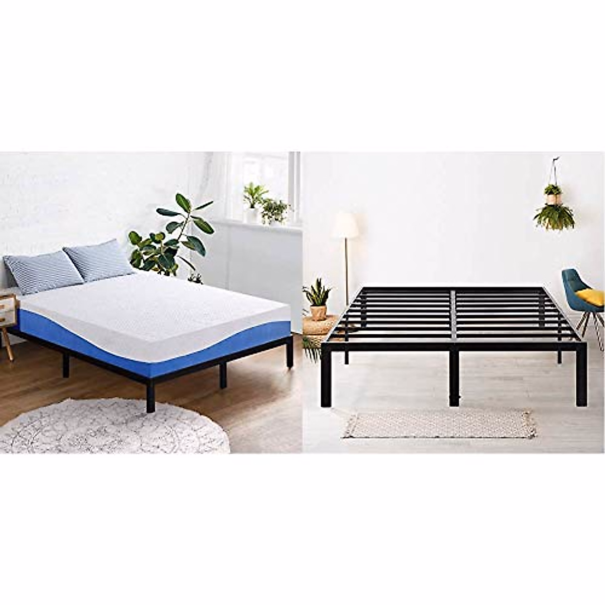Olee Sleep 10 Inch Gel Infused Layer Top Memory Foam Mattress, King, Blue & 18 inch Heavy Duty King Steel Slat, No Box Spring Needed, Metal, Black