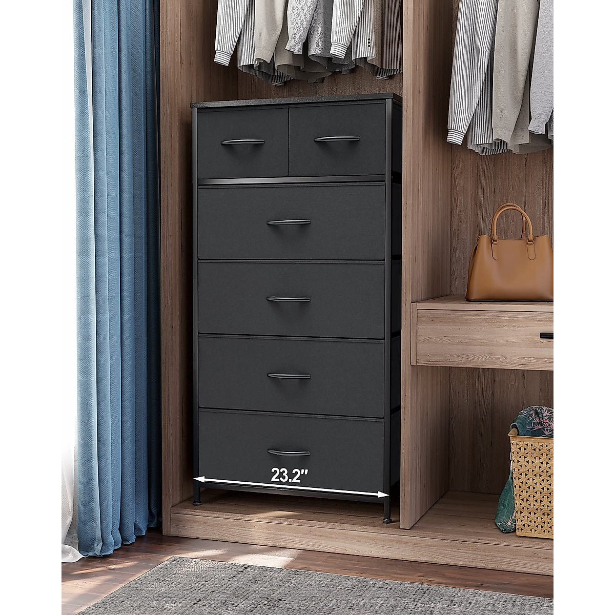 Crestlive Products Vertical Dresser Storage Tower - Sturdy Steel Frame, Wood Top, Easy Pull Fabric Bins - Organizer Unit for Bedroom, Entryway, Closets - 6 Drawers (Black)