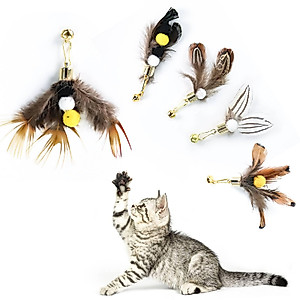Hokoad Cat Insect Feather Toys Replacement Cat Toy Wand Refills, 6 Pieces Natural Insect Cat Toy Feathers Refill, Interactive Cat Teaser Wand Attachments, with Bell