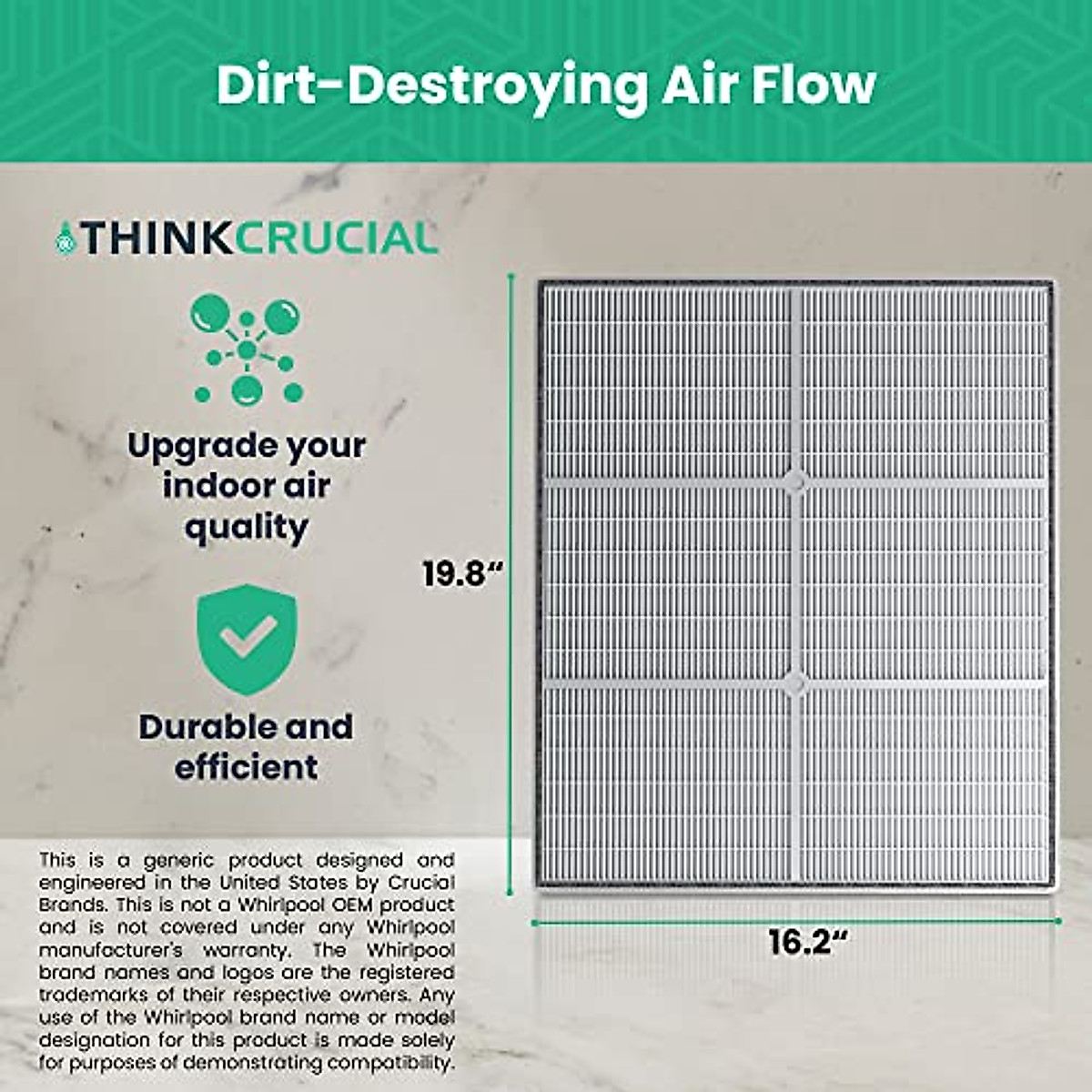 Crucial Air Replacement Air Purifier Filter - Compatible with Whirlpool Part # 8171434K, 1183054K - Fits Whirlpool Air Purifier Model AP450, AP45030HO, AP510 - Bulk (2 Pack)