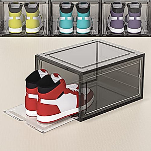 6 Pack Sneaker Storage, Sneaker Boxes Clear Plastic Stackable, Hard Plastic Shoe Storage, Sneaker Storage for Sneakerheads, Drop Front Shoe Box with Lids, Sneaker Containers Fit Up to US Size 12 (13.4"x 10.6"x 7.4")