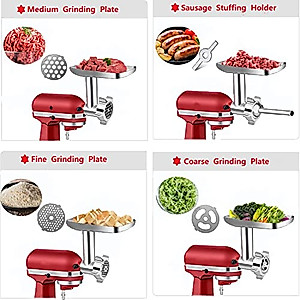 Metal Food Grinder Attachment for KitchenAid Stand Mixers， Meat Grinder Kitchen Aid Asseccories for KitchenAid，Includes 2 Sausage Stuffer Tubes, 4 Grinding Plates，Silver