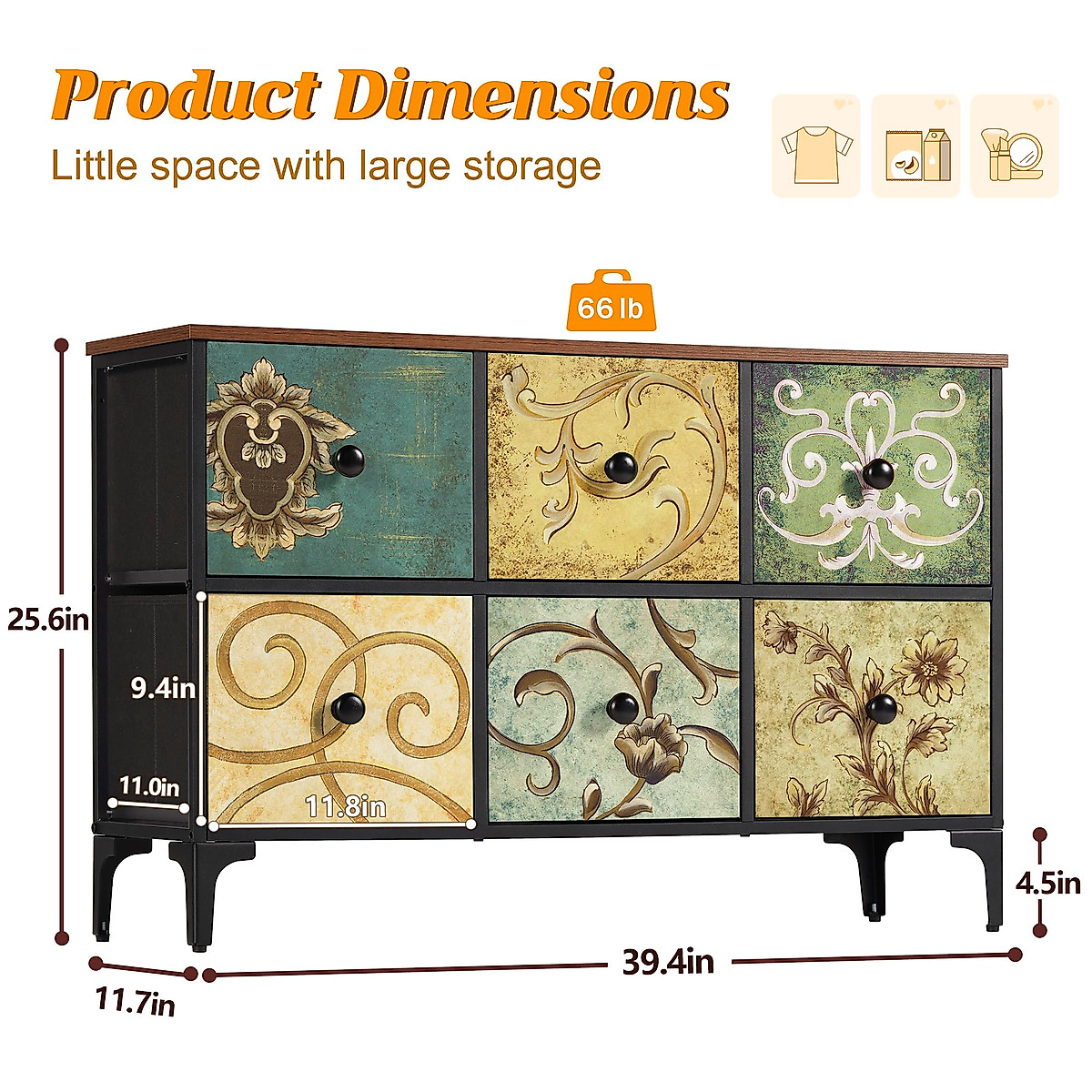 Nasonet Dresser TV Stand for Bedroom, Wide Dresser with 6 Drawers, Console Table Chest of Drawers Fabric Dressers for Kids, Living Room, Closet, Entryway,Sturdy Steel Frame and Wooden Top