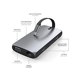 Satechi USB C Hub Multiport Adapter, USB C Docking Station 9 in 1, 4K HDMI, 100W USB C PD Charging, USB C Data, 2 USB-A, GbE, Micro/SD Card Readers, VGA, for MacBook, Windows - Space Gray