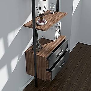 DREAMODERN Modern Bookshelf with Drawers, 4-Tier Open Bookcase Tall Wall Mount Ladder with Steel Frame -Brown