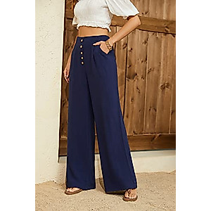SVALIY Women Flowy Pants Cotton Linen Wide Leg Palazzo Pants Long Lounge Slacks High Waist Button Trousers Pocket Navy M