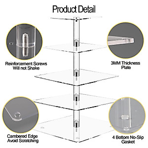 Kimdee 5 Tier Square Cupcake Stand Acrylic Cupcake Tower Display with Colorful LED Light
