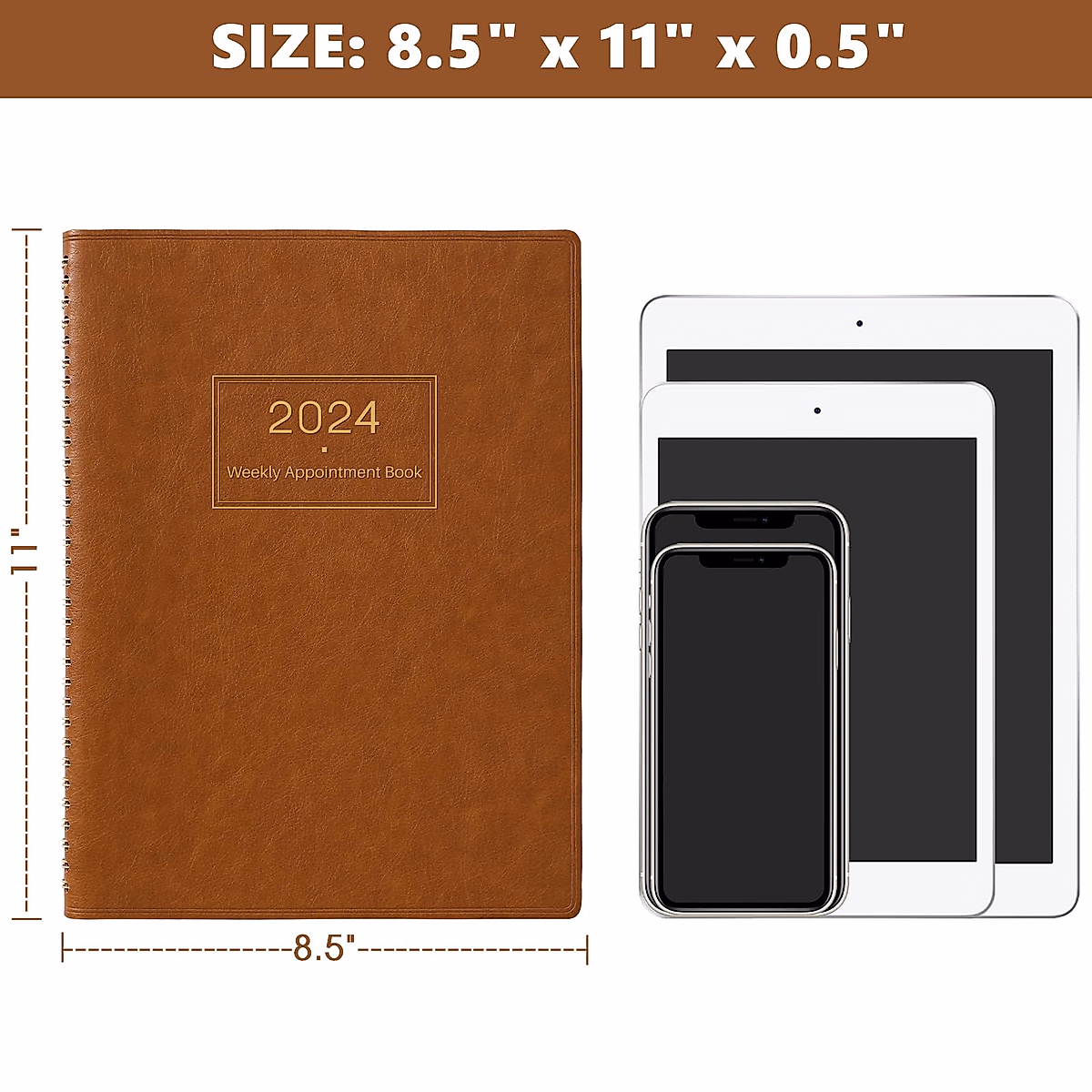 2024 Weekly Appointment Book & Planner - Large 2024 Daily Hourly Planner, January 2024 - December 2024, 8.5" x 11", 2024 Appointment Book with 15-Minute Interval + Thick Paper + Pocket - Brown