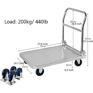 Push Cart Dolly Platform Truck Stainless Steel Moving Hand Cart with Wheels and Handle for Home Office Warehouse Factory 440lbs Weight Capacity Platform Truck (Size : 304)