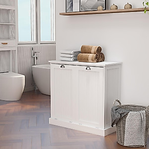 RASOO Double Tilt Out Trash Cabinet White Free Standing Laundry Sorter Cabinet with Removable Two-Compartment Tilt-Out Hamper Clothes Basket