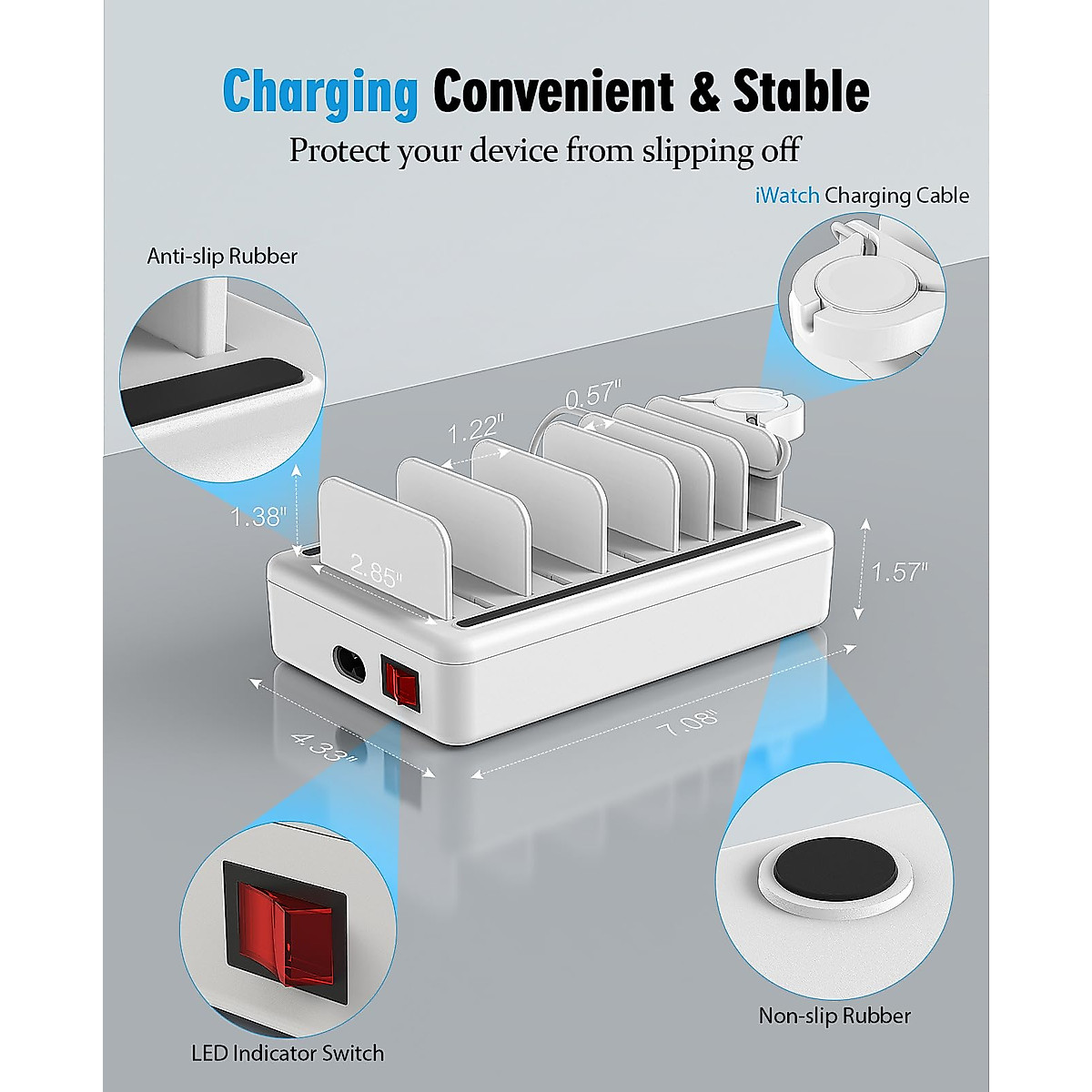 ₂₀₂₃𝘕𝘦𝘸 Charging Station Multiple Charger Station - 6-Port USB Fast Charging Dock 50W Organizer Station with Watch Charger for iPhone|Android Cell Phone|iPad|Kindle|Watch|Tablet