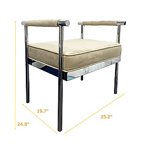 First of a Kind Modern champagne Seating Bench with arms, Modern Style Velvet upholstered Entry Way champagne Bench with Silver Frame, Seating Bench for Living Room, entryway, Bedroom, Vanity, Office.