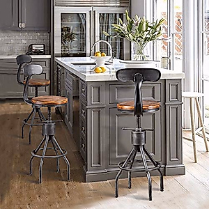 Diwhy Industrial Vintage Bar Stool,Kitchen Counter Height Adjustable Pipe Stool,Cast Iron Stool,Swivel Bar Stool with Backrest,Metal Stool,Silver,Fully Welded Set of 2 (Wooden Top)
