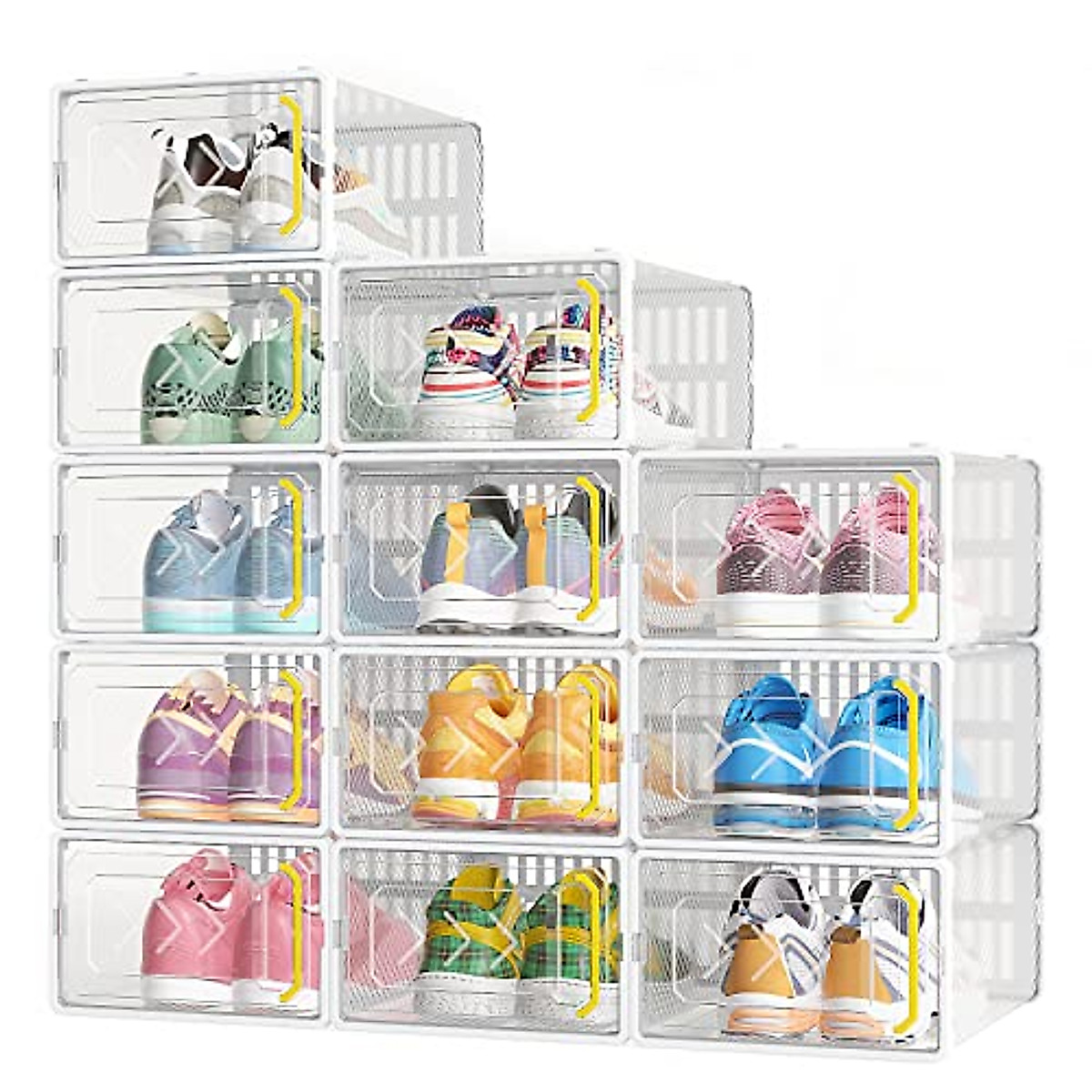 Gardace 12 Pack Shoe Storage Boxes，Clear Plastic Stackable Shoe Organizer for Closet，Foldable Shoe Rack Sneaker Container Bins Holders，with Yellow Door Handle