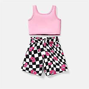 L.O.L. Surprise! Kid Girl 2pcs Mother's Day Character Print Sleeveless Tee and Plaid Belted Shorts Set Pink 11-12 Years
