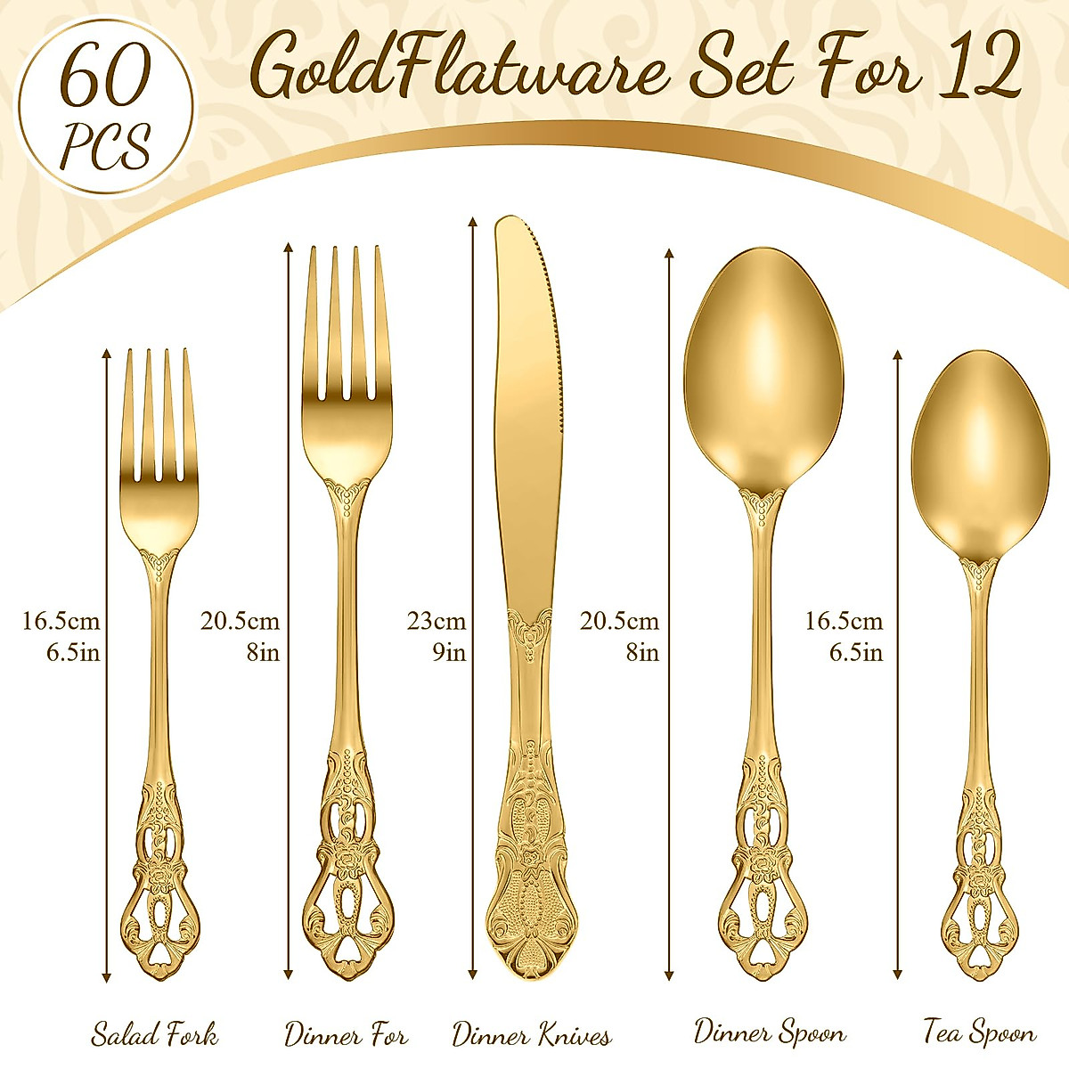 Dandat 60 Pcs Retro Royal Silverware Set Service for 12, Stainless Steel Flatware Set Tableware Cutlery Utensils Set Include Spoon Fork Knife Set for Home Restaurant Kitchen Wedding(Gold, 60 Pcs)