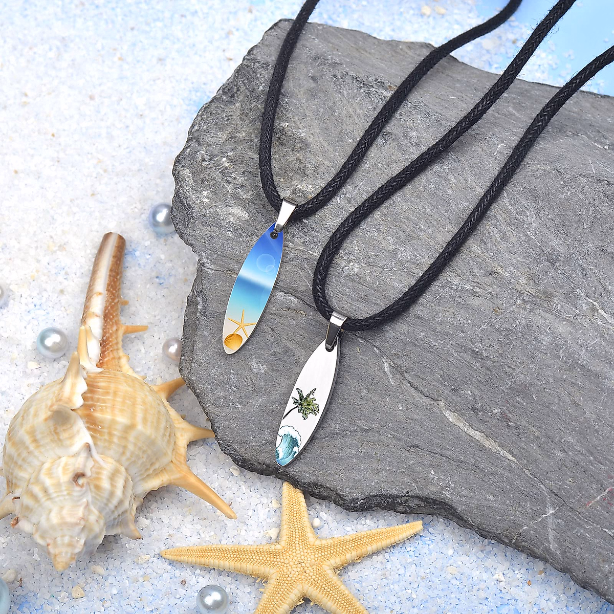 Lauren-Spencer Ocean Wave Surfboard Necklace for Women Men Surfer Necklace Stainless Steel Surfboard Pendant Beach Necklaces Surfer Gifts Jewelry for Women Men Surf Necklace (Starfish and Conch)