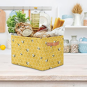 Yellow Bee Basket Cube Storage Bins Honeycomb Shelves Bee Decor for Bedroom Toys Stuffed Animal Waterproof Laundry Box Bin Basket with Handle for Home Closet Shelf Office Bedroom Gift-1PCS