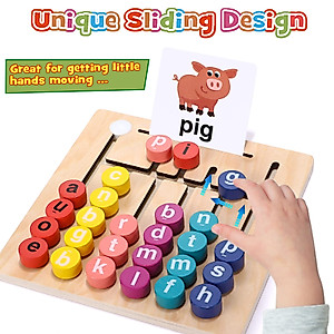 Lewo Wooden Reading Blocks Montessori Toys Sight Word Flash Cards Spelling Games Alphabet Letter Slide Puzzle Preschool Educational Learning Toys for Kids Boys Girls