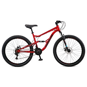 Mongoose Status Mens and Womens Mountain Bike, 27.5-Inch Wheels, 21 Speed Trigger Shifters, Aluminum Frame, Dual Suspension, Front and Rear Disc Brakes, Red