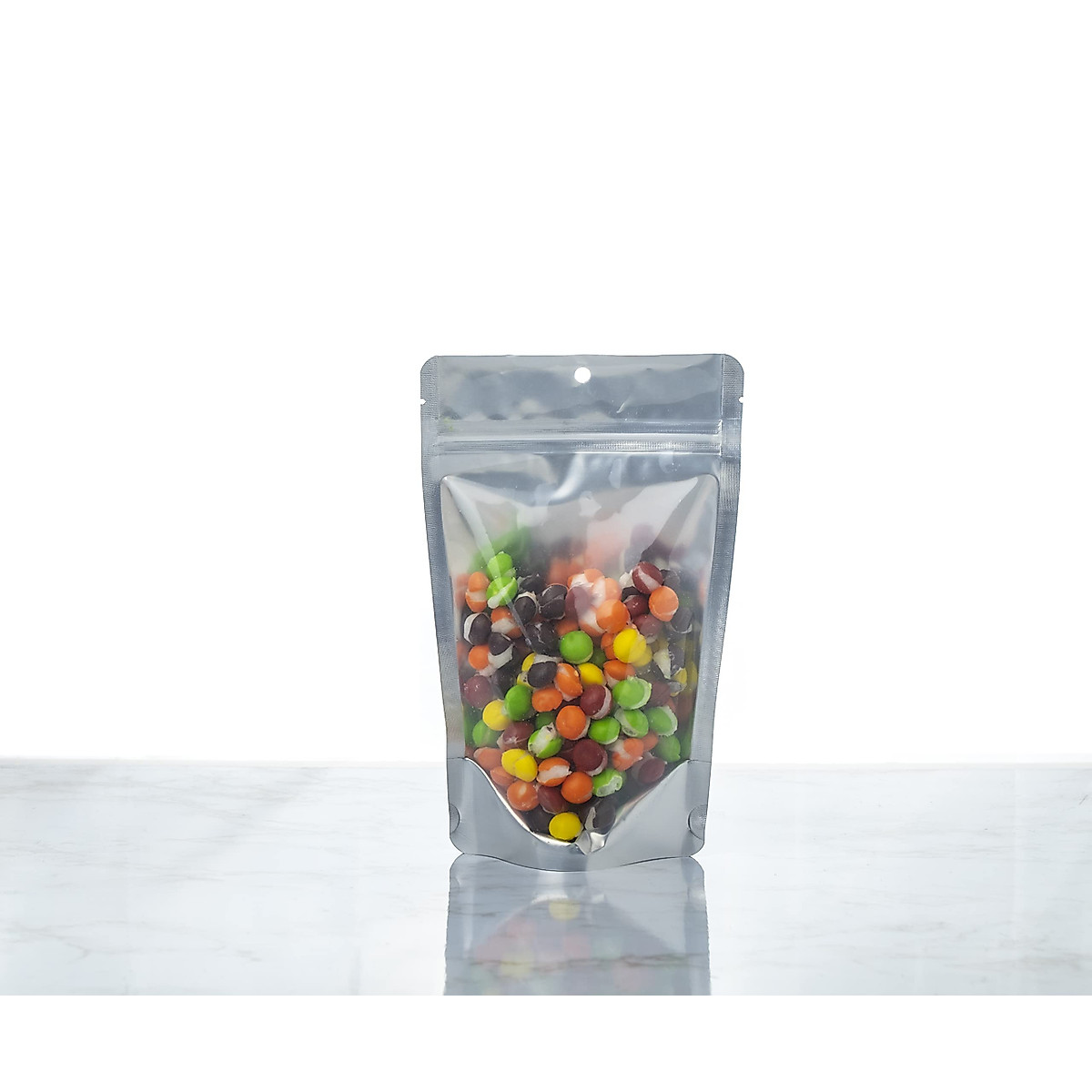 PackFreshUSA: 5 MIL Silver/Clear Stand Up Pouch Bags - Professional Flexible Packaging - Resealable - Seal-Top - Heat-Sealable - Hang Hole - Tear Notch -Medium 5x8.5x3 - 100 Pack