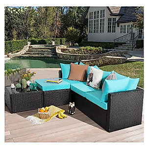 PRETZI 5 Pieces Patio Furniture Sets, Outdoor Sectional Sofa, All Weather Rattan Wicker Couch with Glass Table, Patio Conversation Set for Porch Backyard Garden Pool Deck Balcony