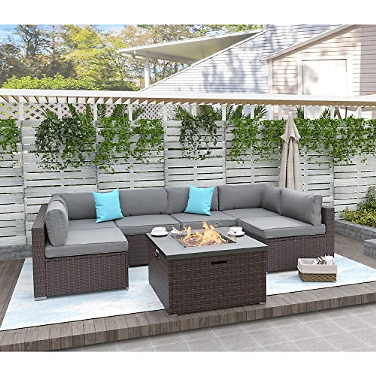 HOMPUS 7-Piece Outdoor Patio Furniture Set, All-Weather Wicker Sectional Sofa, Dark Grey Cushions w 32-inch Square Dark Brown Wicker Fire Table (40,000 BTU), Tank Outside, Glass Wind Guard