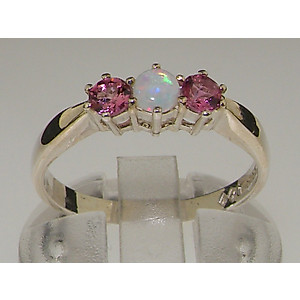 LetsBuyGold 925 Sterling Silver Real Genuine Opal and Pink Tourmaline Womens Trilogy Anniversary Ring - Size 7