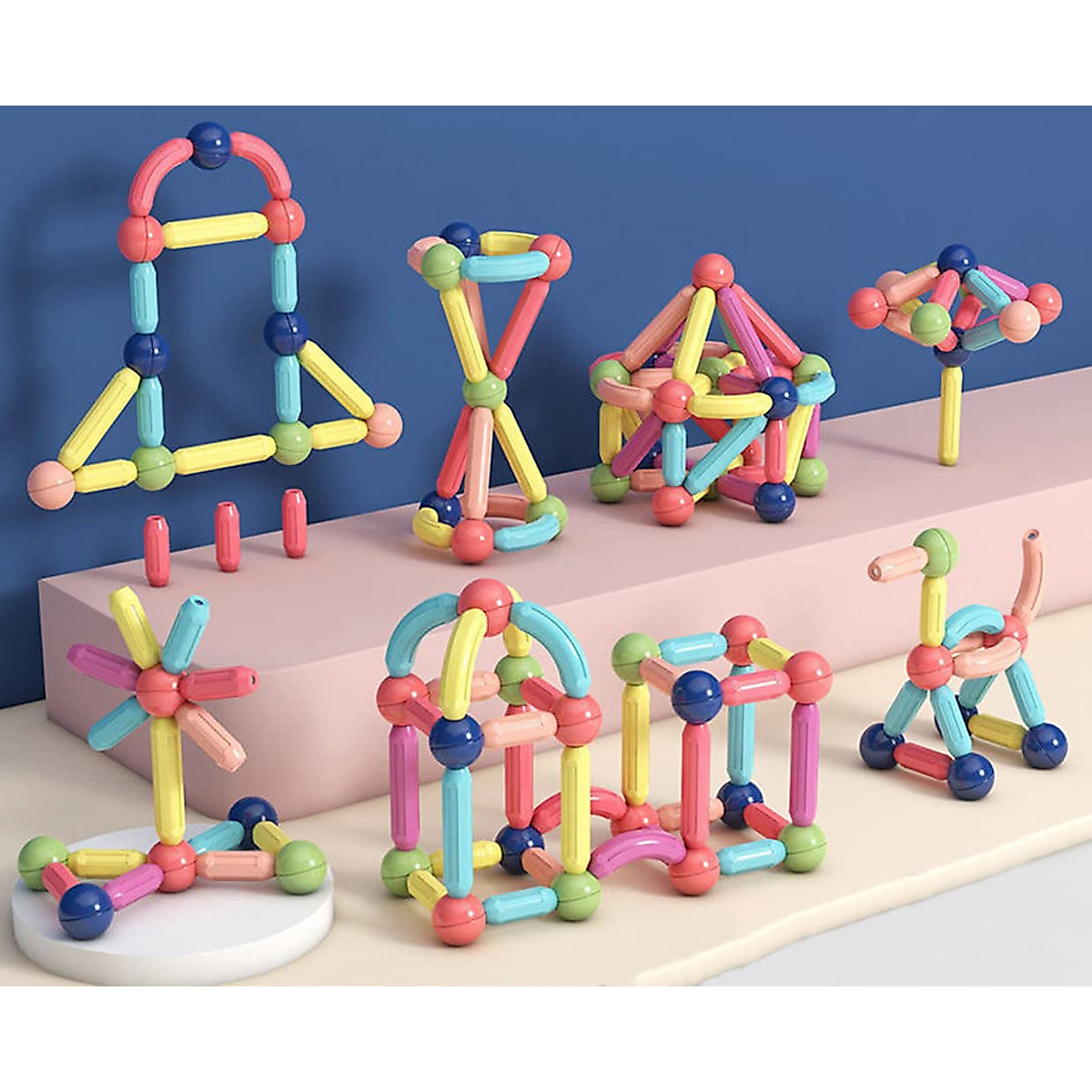 fengyang 64 PCS DIY Magnetic Balls and Rods Set Building Sticks Blocks Vibrant Colors Different Sizes Curved Shapes Children Educational Stacking STEM Magnet Toys for Kids Age 3+…