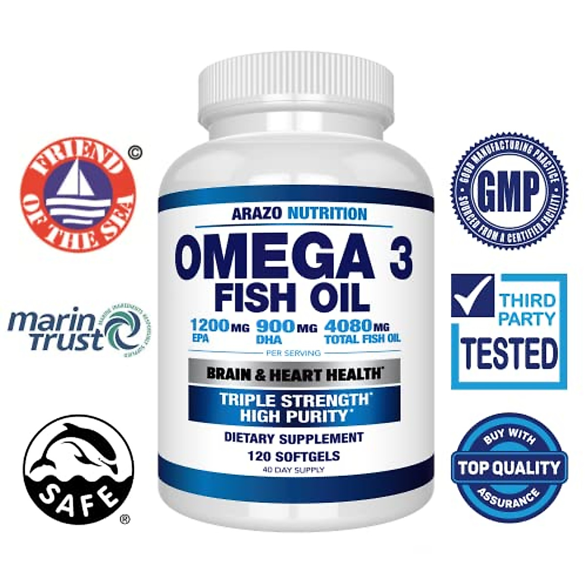 Arazo Nutrition Omega 3 Fish Oil 4,080mg - High EPA 1200mg + DHA 900mg Triple Strength Burpless Softgels (120 Soft Gels)