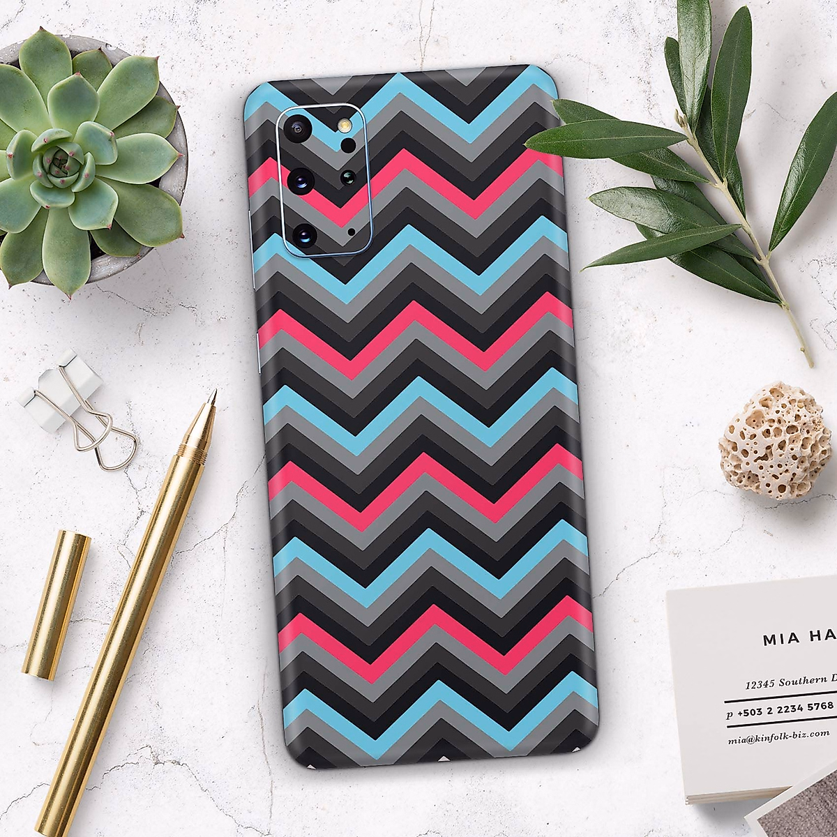 DesignSkinz Sharp Pink & Teal Chevron Pattern Protective Vinyl Decal Wrap Skin Cover Compatible with The Samsung Galaxy S20 (Screen Trim & Back Glass Skin)