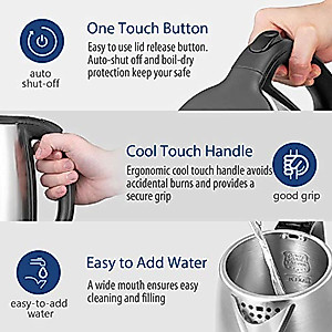 Comfee 1.7L Stainless Steel Electric Tea Kettle, BPA-Free Hot Water Boiler, Cordless with LED Light, Auto Shut-Off and Boil-Dry Protection, 1500W Fast Boil