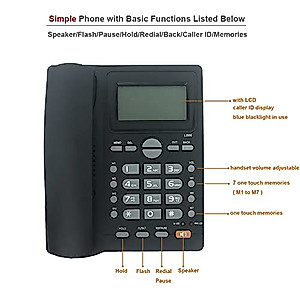 Corded Caller ID Telephone, TelPal Landline Home Phones with Blue Backlight & Speaker, Hands Free Analog Hotel Office Telephone Set, Desktop Speed Memory Dial Telephones for Seniors (Black)