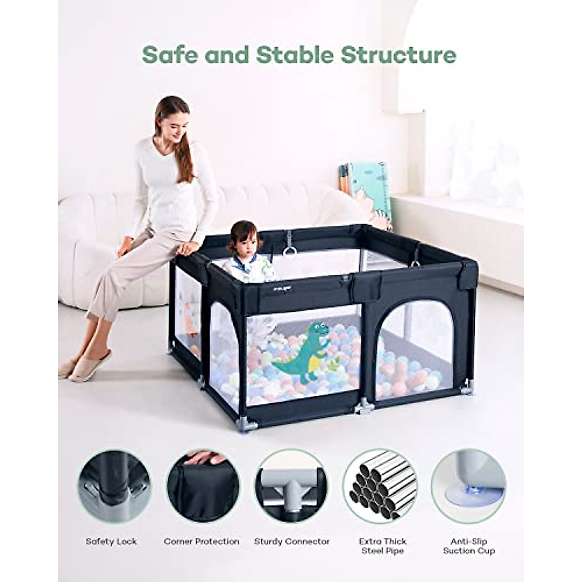 Baby Playpen Play Yard Sturdy, Insugar Playpen for Babies and Toddlers, Portable Small Baby Fence, Safe Play Area with Gate, Breathable Mesh, Dinosaur Printed, BPA-Free, Non-Toxic, Black, 47"x47"x27"