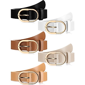 Breathffy 5 Pcs Women's Leather Belts for Jeans Dresses Pants Ladies Belt Bulk with Gold Buckle (White, Black, Camel, Khaki, Apricot,M: Fit Waist Size 31-36 Inches)
