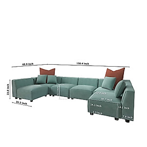 LLappuil Modern Modular Sectional Living Room Sofa Set, Low Back Minimalist Style Couch, Soft Fabric 6 Seater Oversized 138.4" U Shape Sofa, Aqua Blue