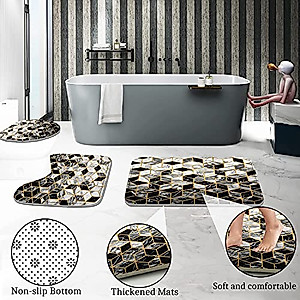 4 Pcs Bathroom Shower Curtain Set, Honeycomb Marble Bathroom Sets with Rugs(Bath Mat,U Shape and Toilet Lid Cover Mat) and 12 Durable Hooks